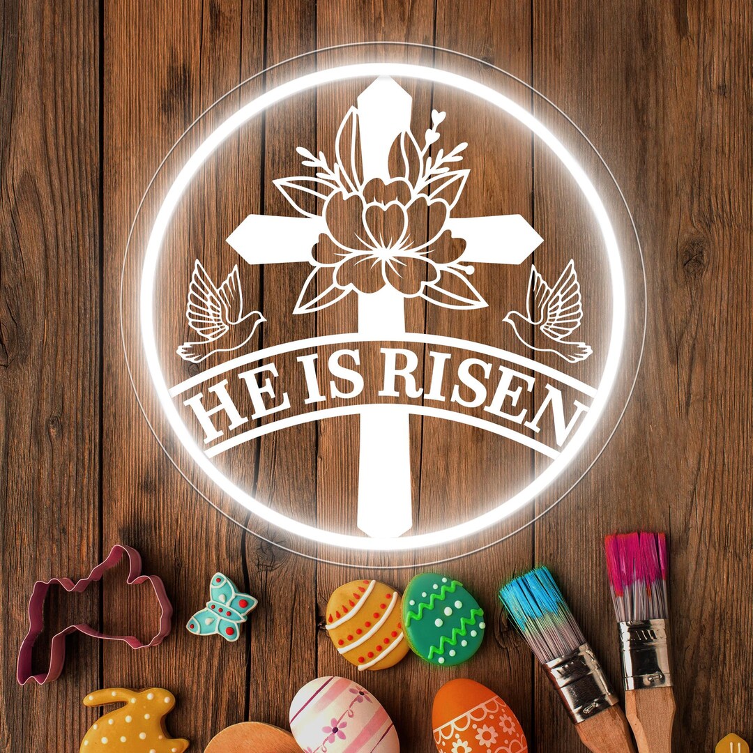 He is Risen Neon Sign, Religious Decor, Christian Easter Cross Decor ...