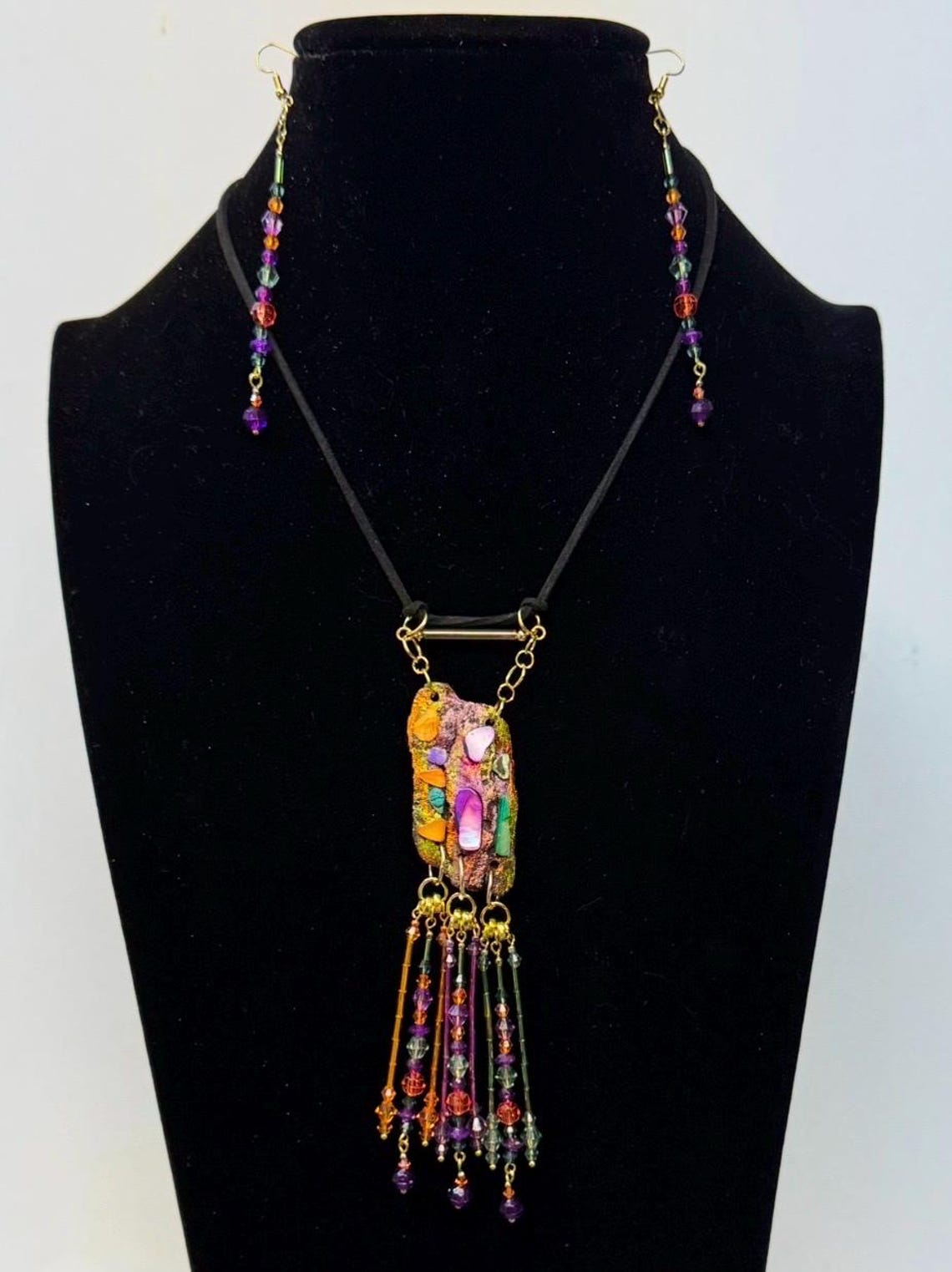 Hand-carved Wood Pendant & Abalone Shell Earrings: Artisan Jewelry Set ...