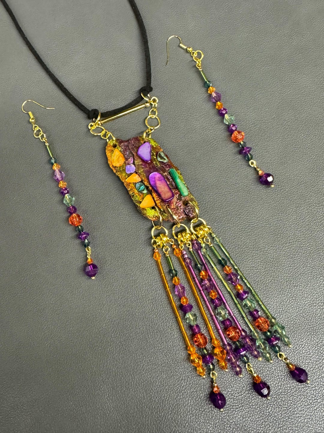 Hand-carved Wood Pendant & Abalone Shell Earrings: Artisan Jewelry Set ...