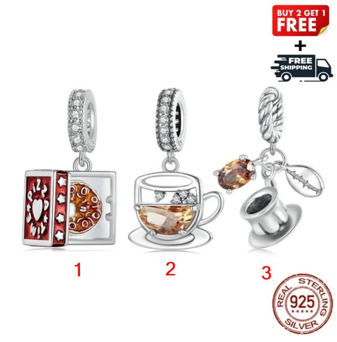 925 Sterling Silver Very Cute Coffee Cup Coffee Bean and Pizza Box ...