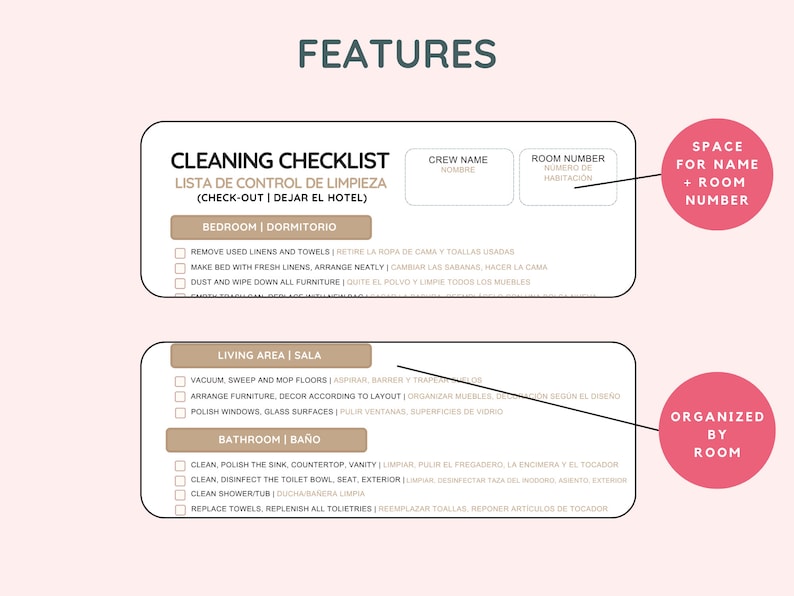Spanish Housekeeping Cleaning Checklist | Bilingual Hotel Room List for ...