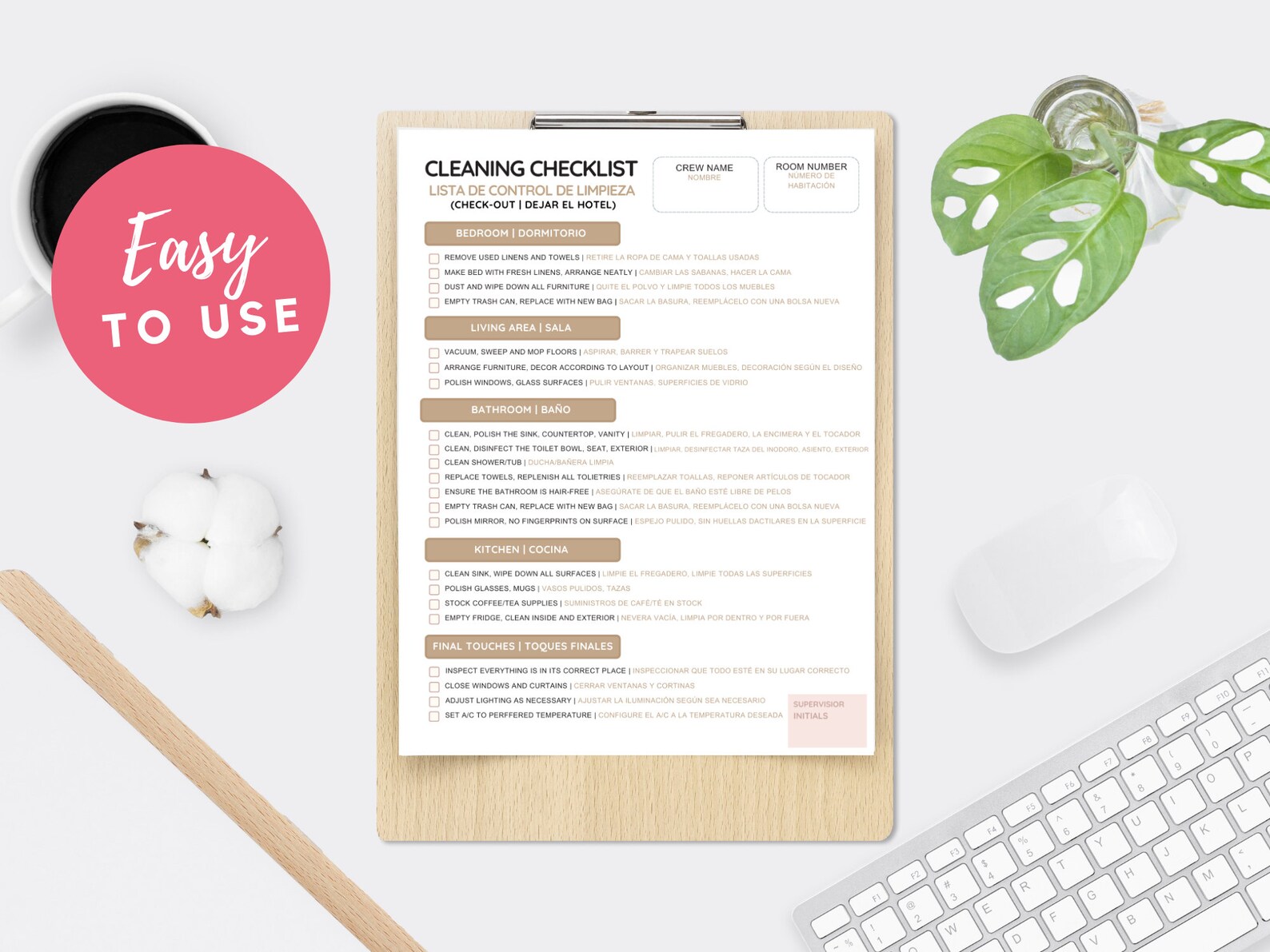 Spanish Housekeeping Cleaning Checklist | Bilingual Hotel Room List for ...