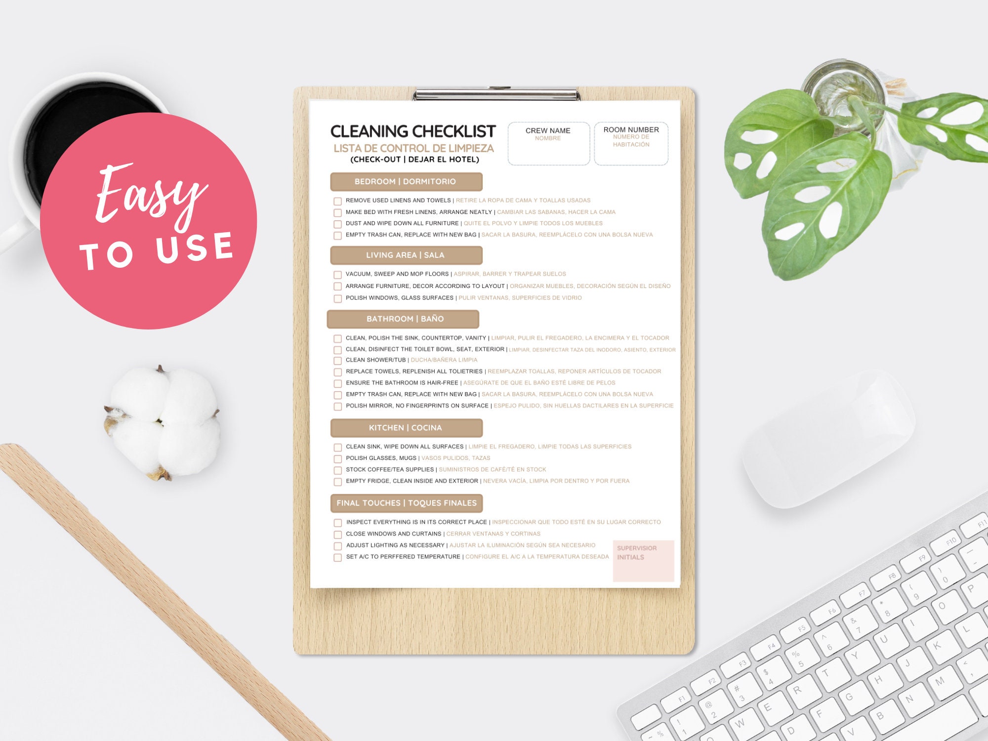 Spanish Housekeeping Cleaning Checklist | Bilingual Hotel Room List for ...