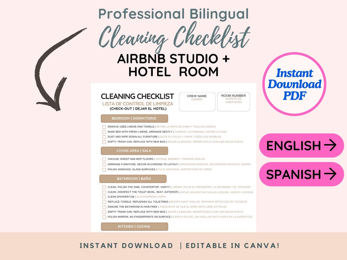 Spanish Housekeeping Cleaning Checklist | Bilingual Hotel Room List for ...
