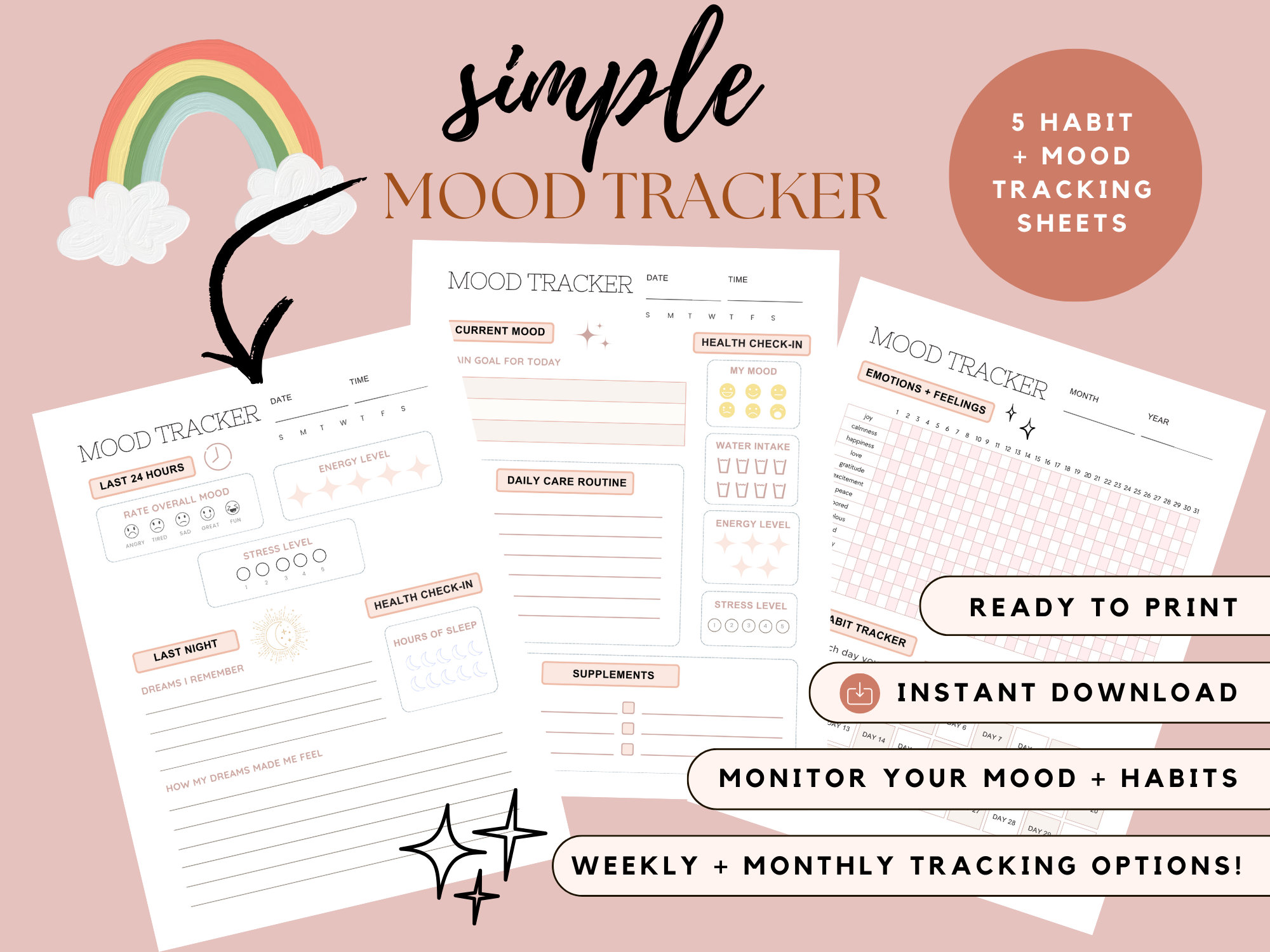 Mood Emotion Tracker Printable Mental Health Self Care Symptom Relief ...