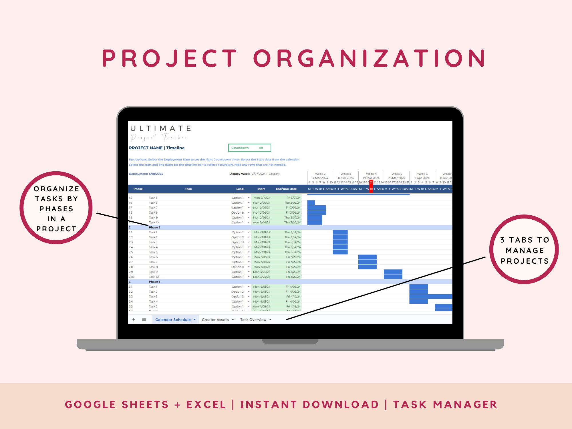 Project Planner Task Tracker | Custom Project Manager Excel Google ...