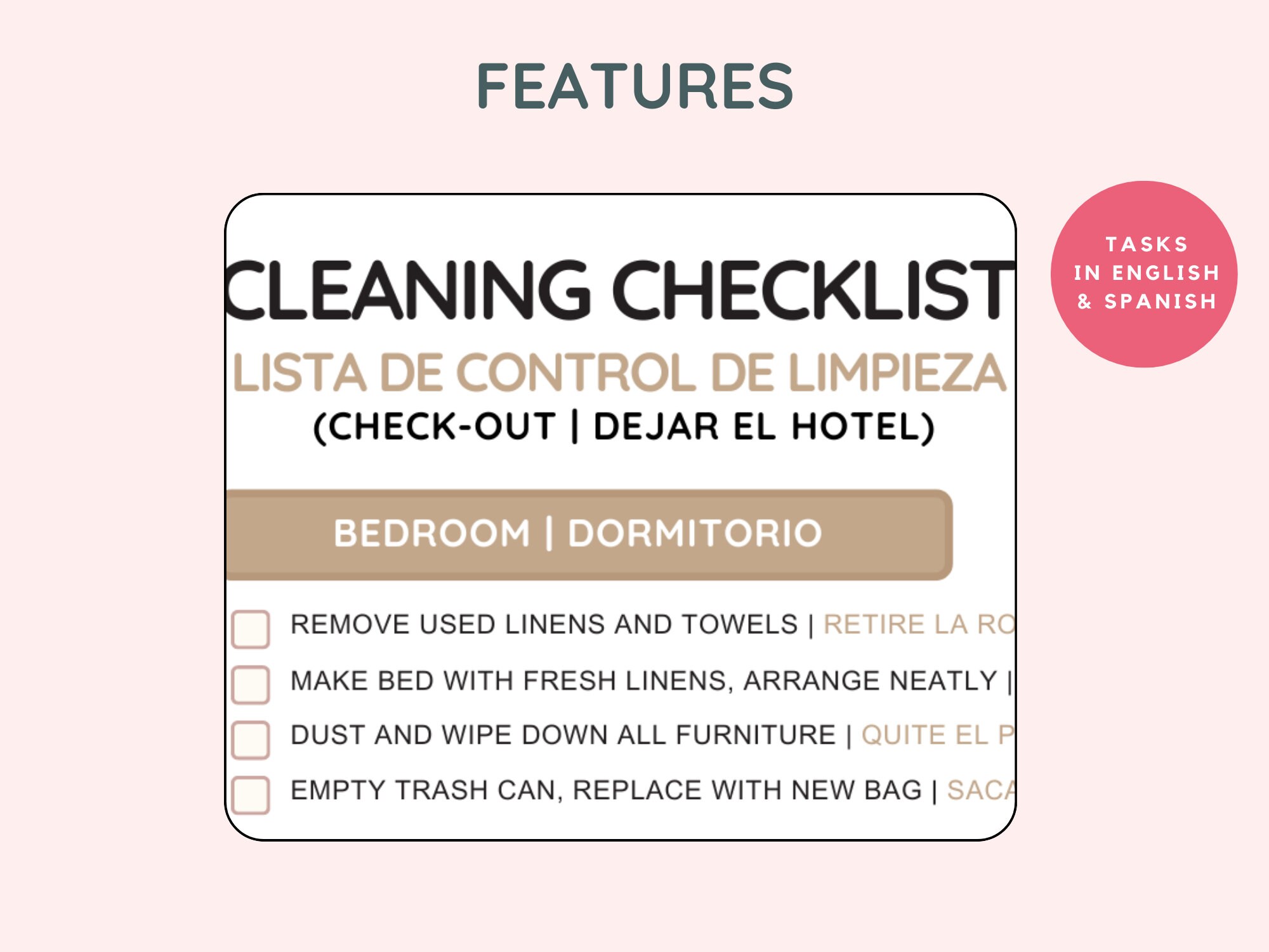Spanish Housekeeping Cleaning Checklist | Bilingual Hotel Room List for ...