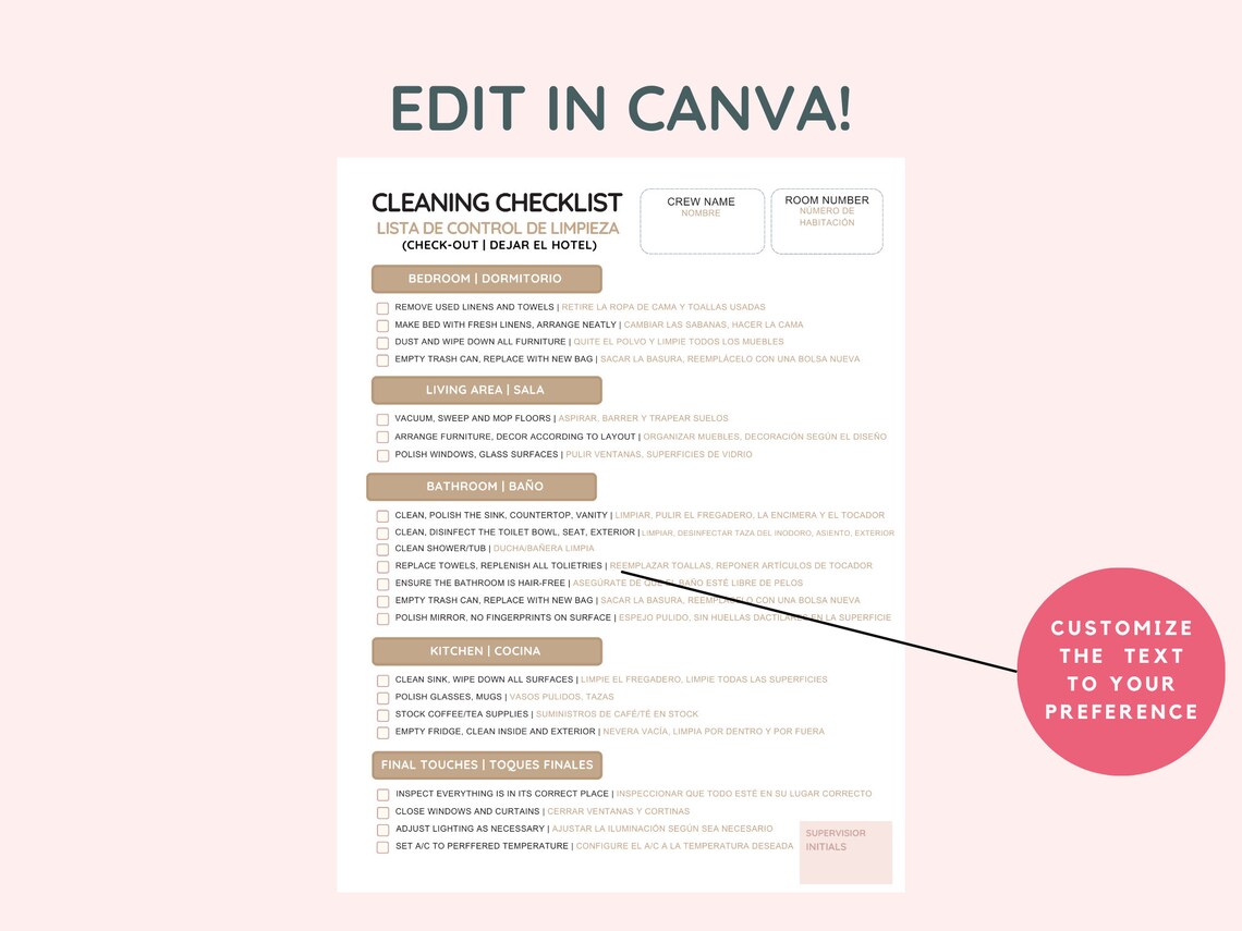 Spanish Housekeeping Cleaning Checklist | Bilingual Hotel Room List for ...