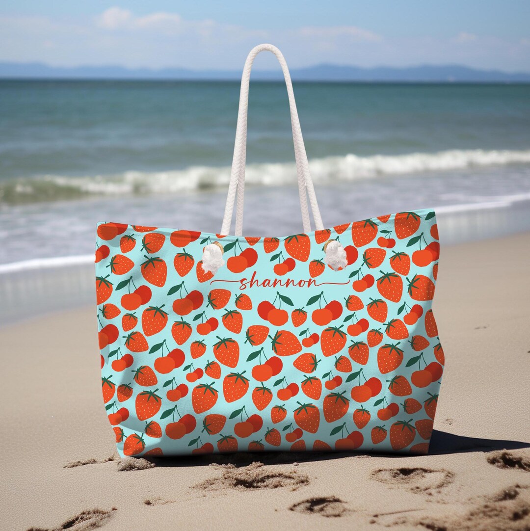 Personalized Beach Bag Strawberry Beach Bag Monogram Tote Bag Weekender ...