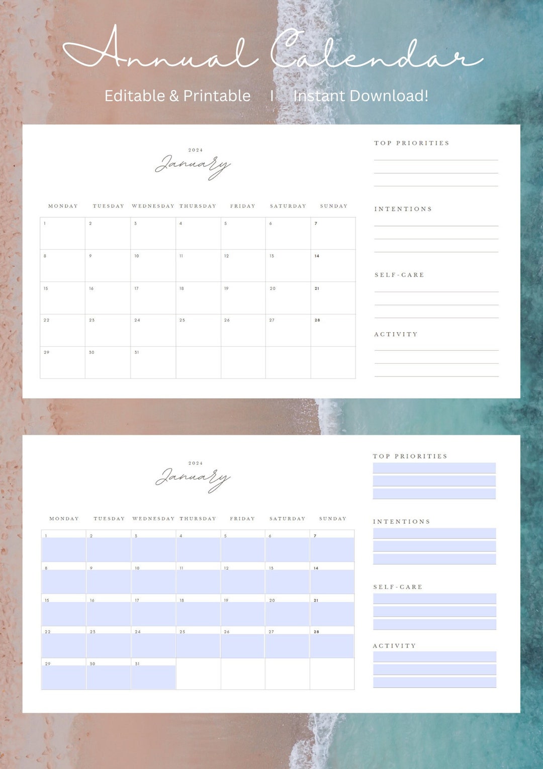 Fillable Annual Calendar - Etsy