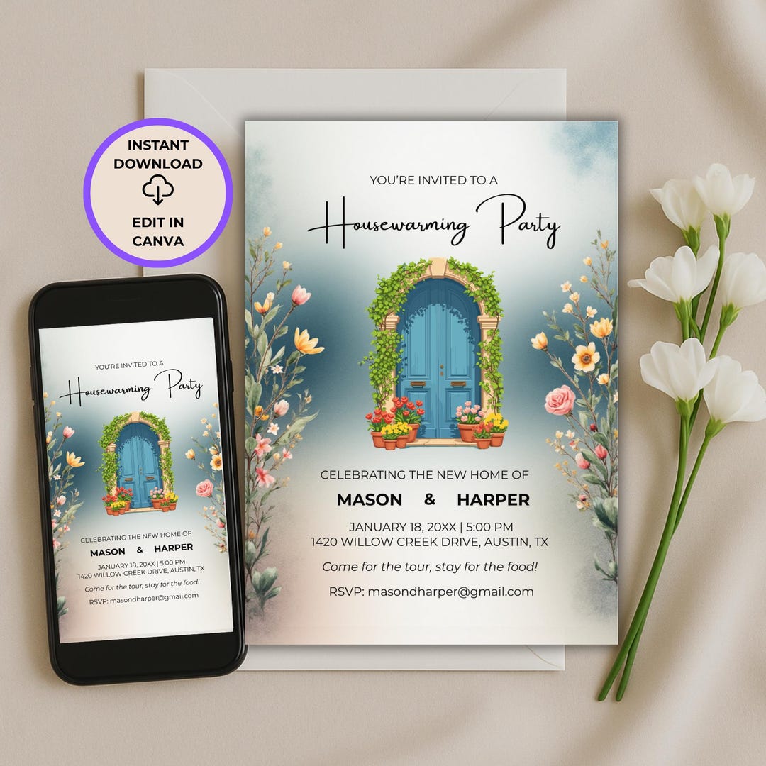 Housewarming Invitation Template – Editable Canva Floral Front Door ...