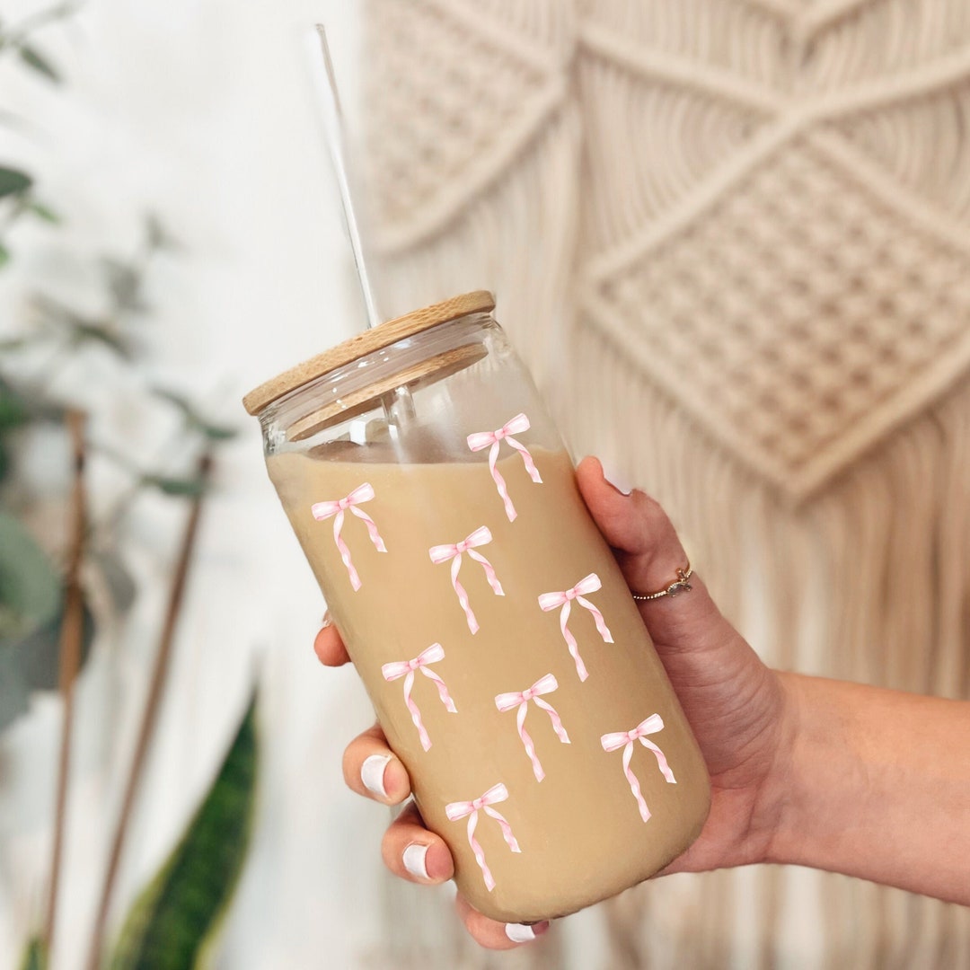 Coquette Iced Coffee Glass Cup, Pink Bow Cup, Coquette Trendy Bows ...