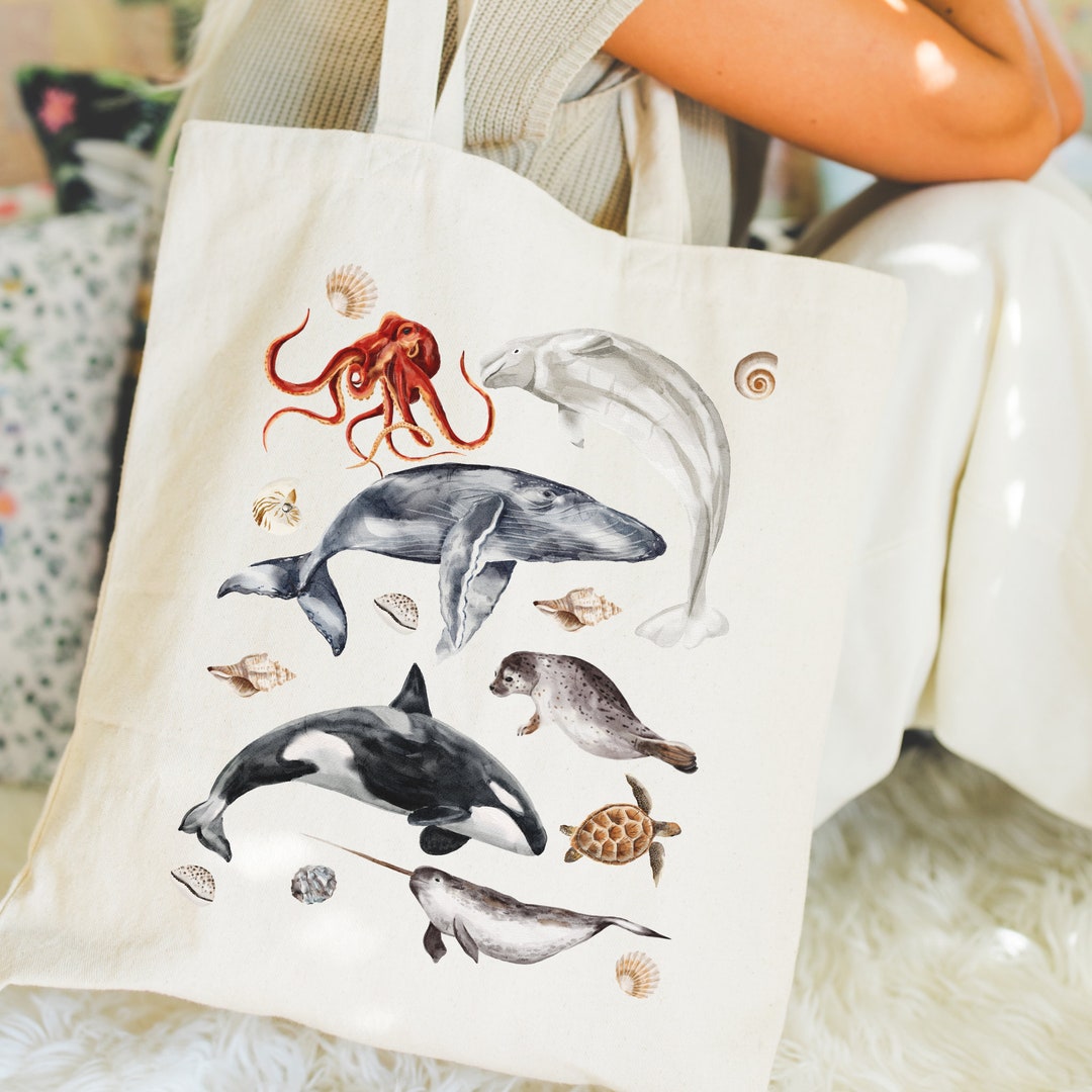 Ocean Animals Tote Bag, Sea Life Tote Bag, Coastal Tote Bag, Octopus ...