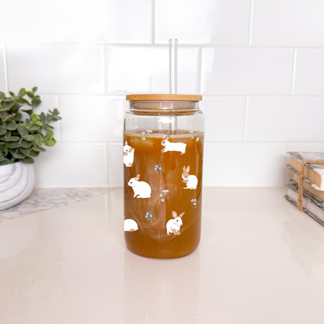Bunny Iced Coffee Glass Cup, Easter Bunny Iced Coffee Glass, Cute Bunny ...