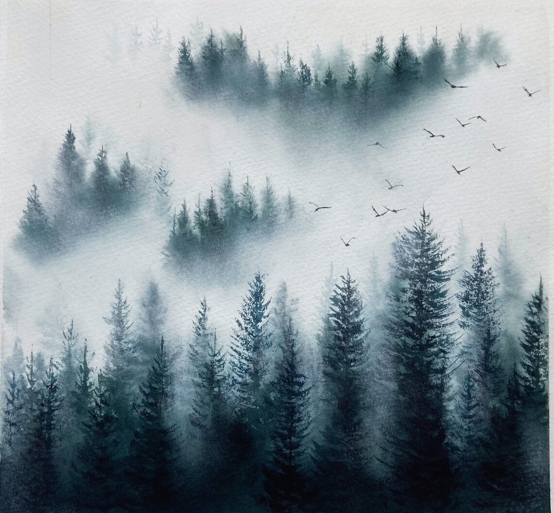 Misty Pine Painting, Forest Original Watercolor, Deep Green Foggy ...