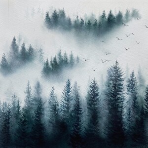 Misty Pine Painting, Forest Original Watercolor, Deep Green Foggy ...