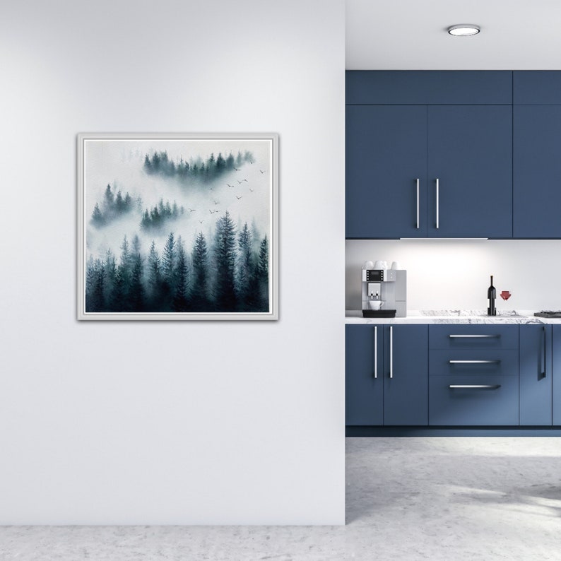 Misty Pine Painting, Forest Original Watercolor, Deep Green Foggy ...