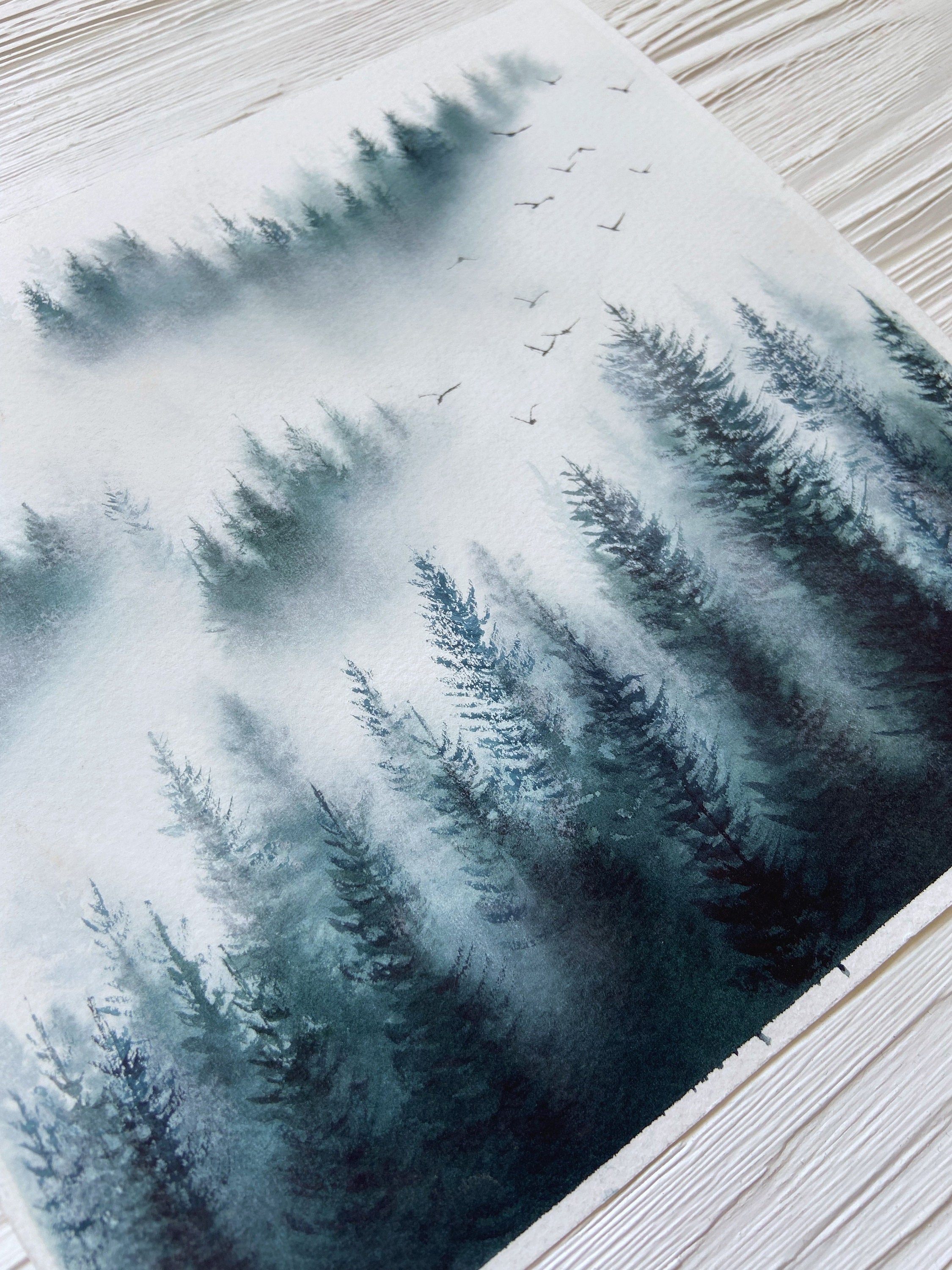 Misty Pine Painting, Forest Original Watercolor, Deep Green Foggy ...