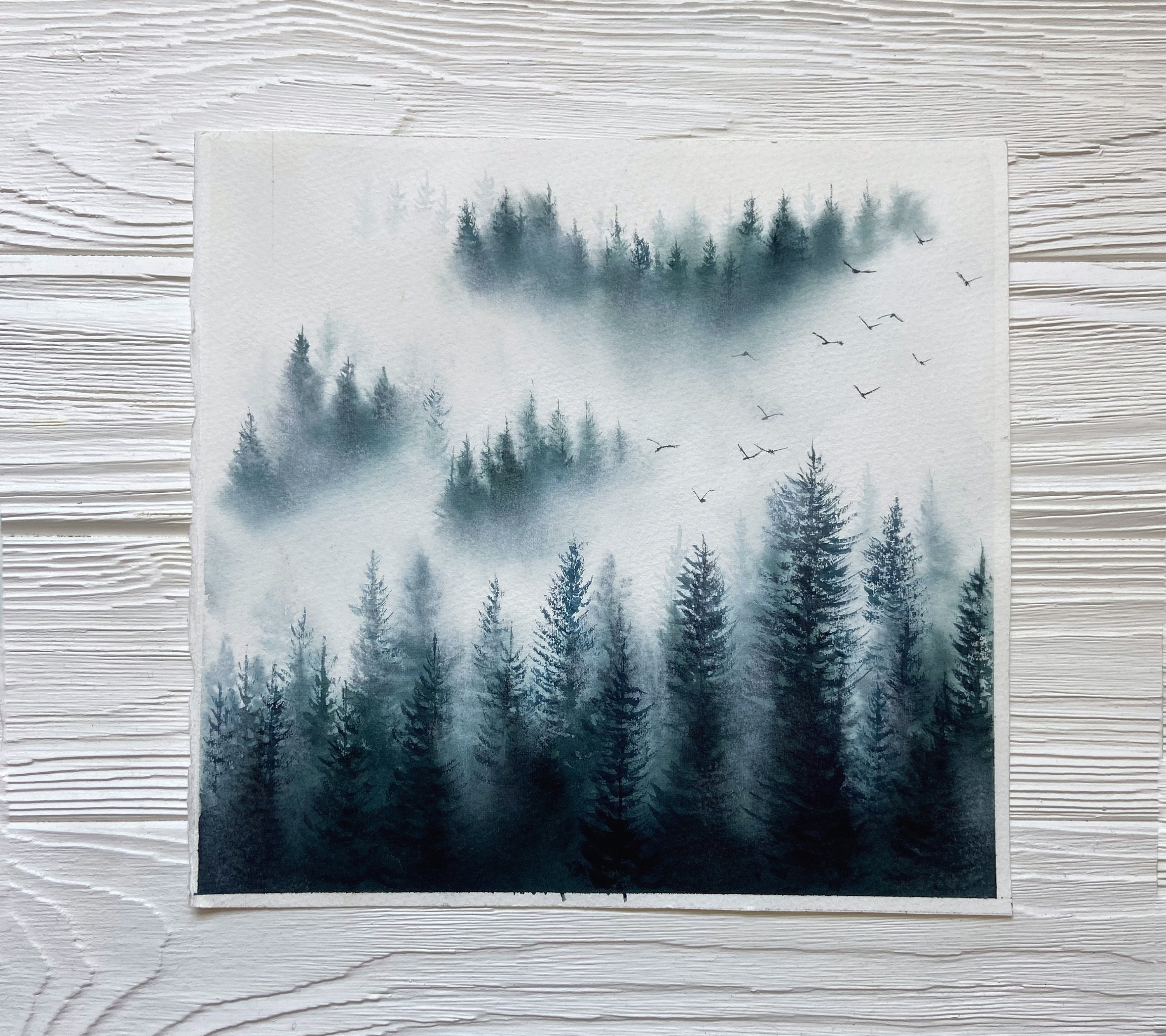 Misty Pine Painting, Forest Original Watercolor, Deep Green Foggy ...