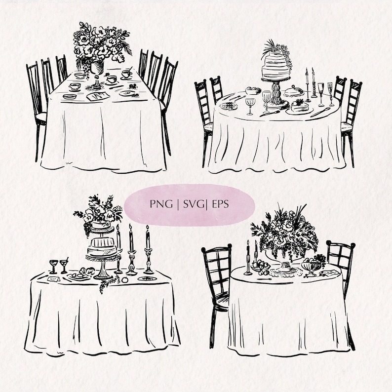 Wedding Food & Beverage Clipart Dinner Table SVG PNG Wedding Cake Wine ...