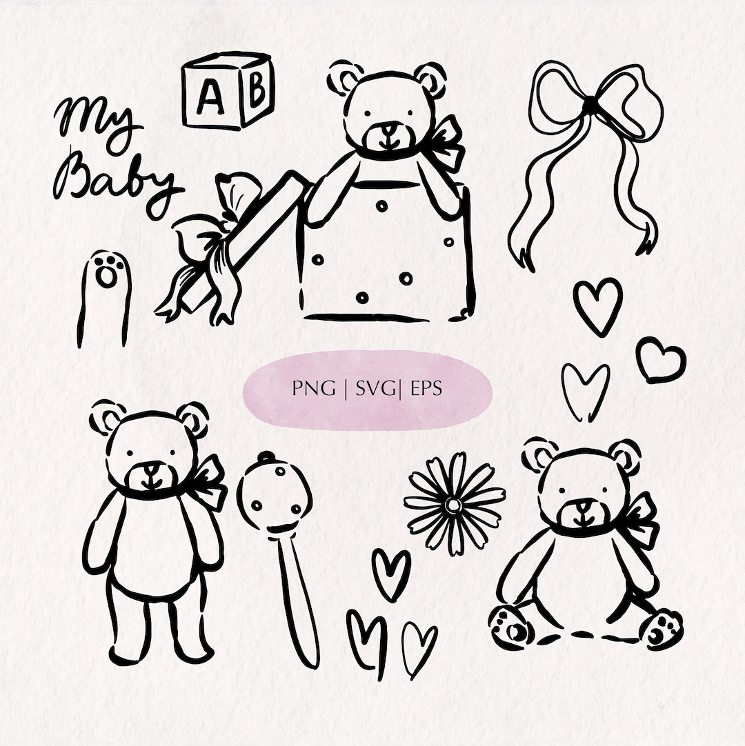 Teddy Bear With Bow & Hearts Hand Drawn Clipart SVG PNG Baby Shower ...