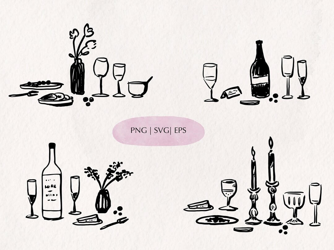 4 Hand Drawn Italian Food & Beverage Sets SVG Black White Wedding ...