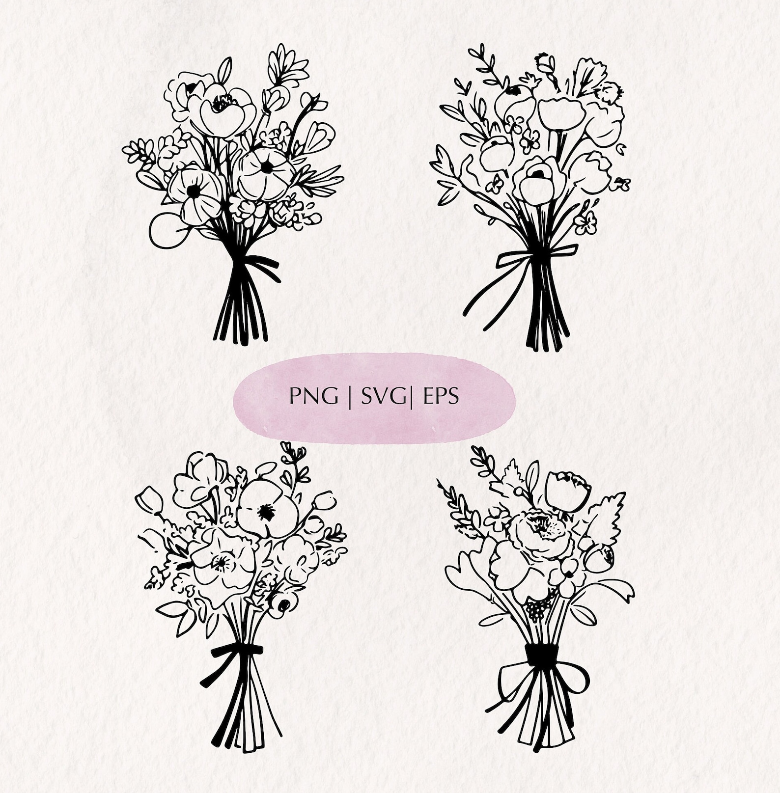 Set of 4 Hand Drawn Flower Bouquet SVG PNG Floral Icons Clipart for ...