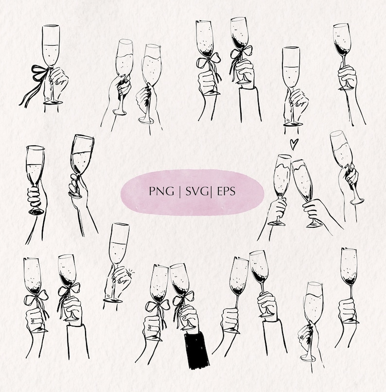 Hand Drawn Cheers Wedding Clipart SVG PNG Cin Cin Champagne Wine ...