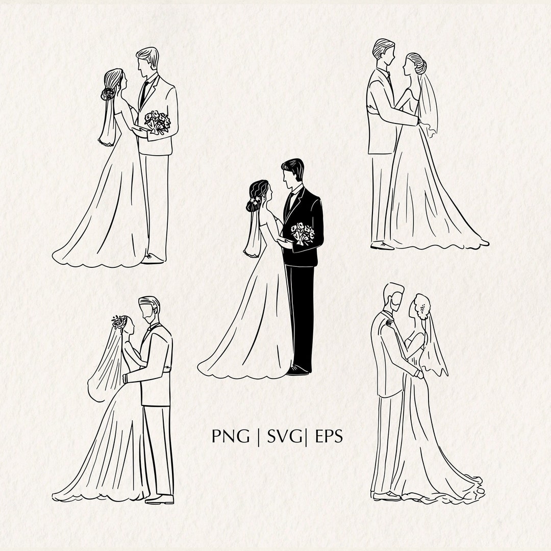 Black & White Wedding Couple Hand Drawn Outline Clipart SVG PNG Bride ...