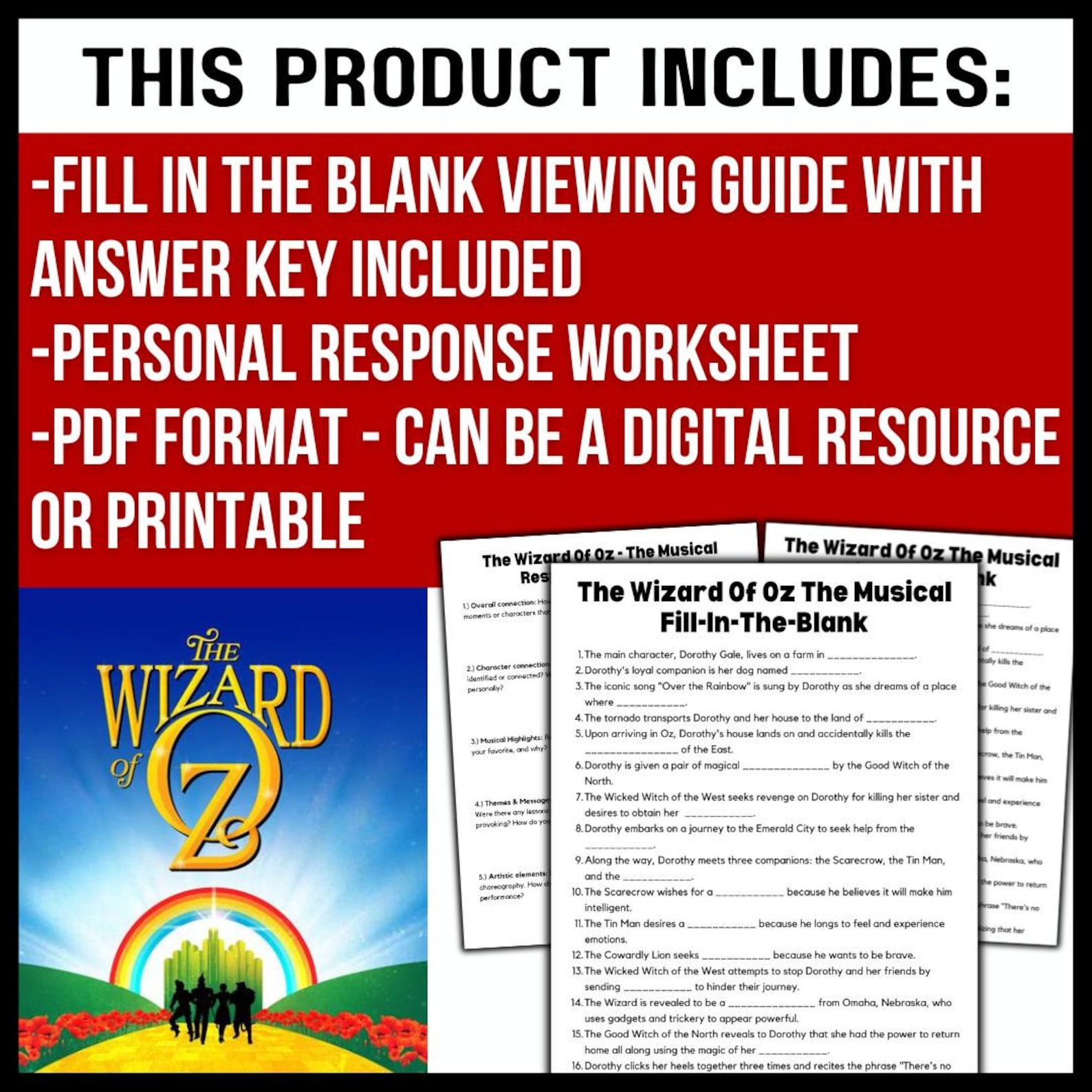 The Wizard of Oz Musical: Fill in the Blank Viewing Guide & Response Worksheet - Etsy