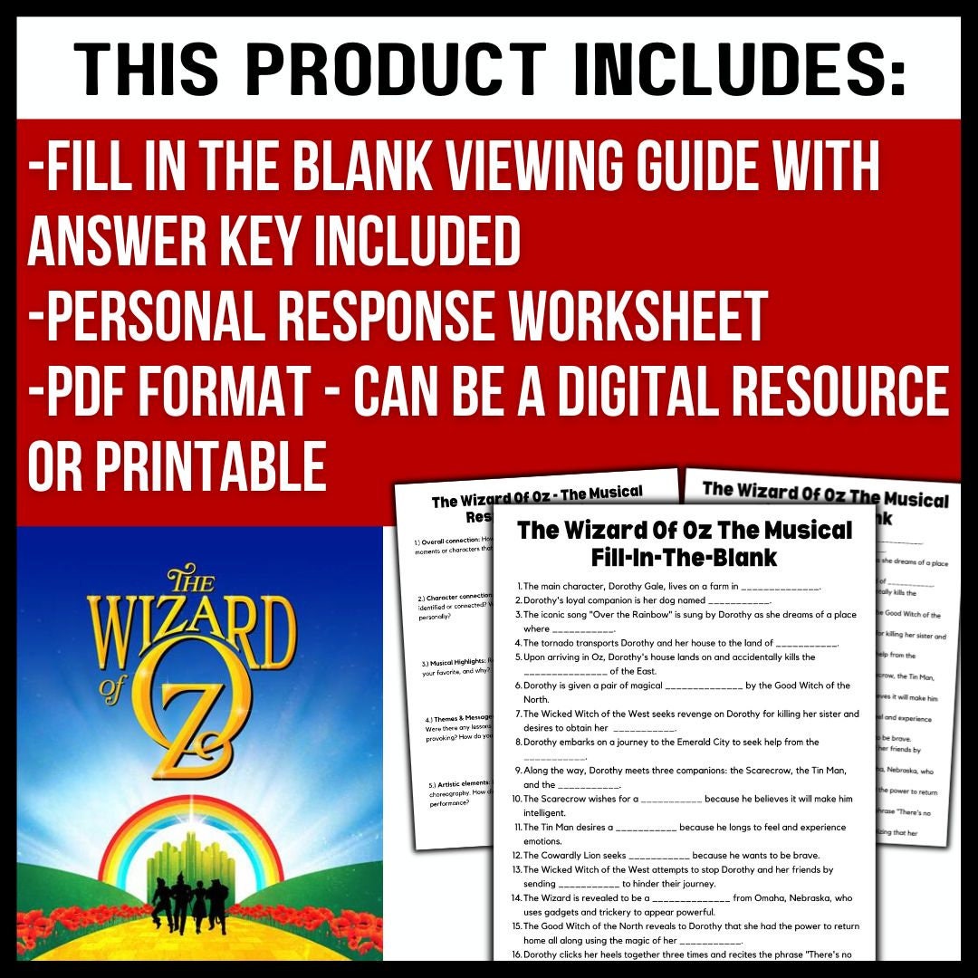 The Wizard of Oz Musical: Fill in the Blank Viewing Guide & Response ...