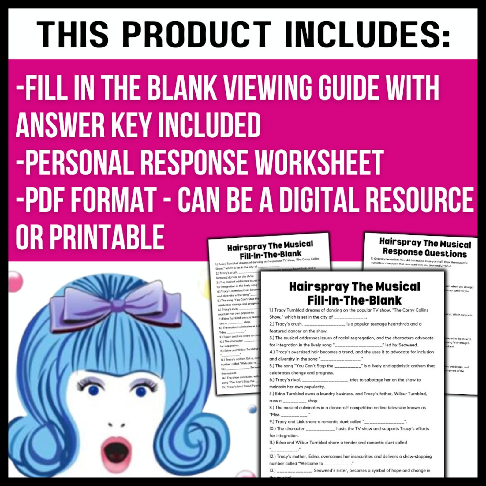 Hairspray the Musical: Fill in the Blank Viewing Guide & Response Worksheet - Etsy