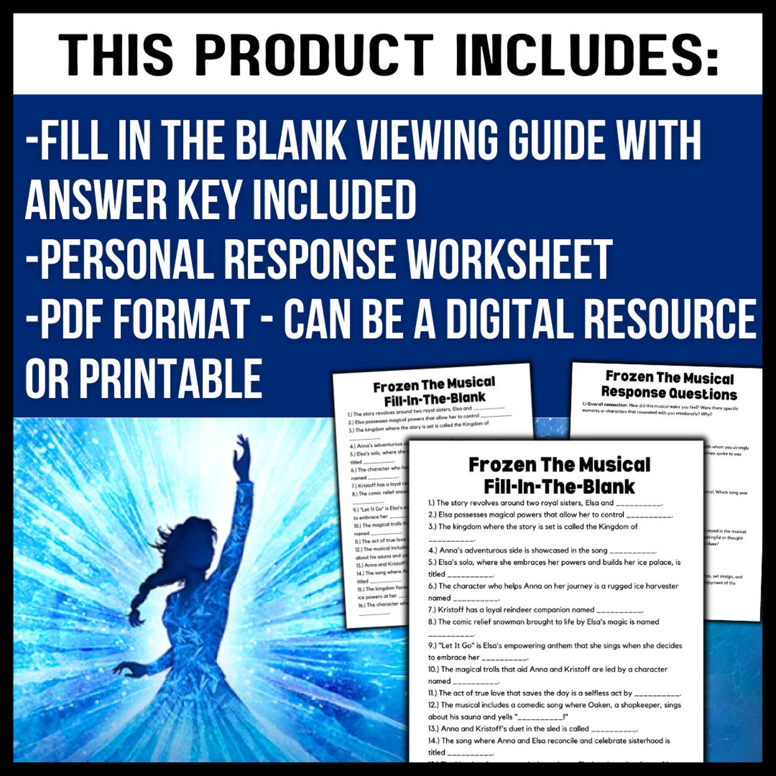 Frozen the Musical: Fill in the Blank Viewing Guide & Response Worksheet - Etsy