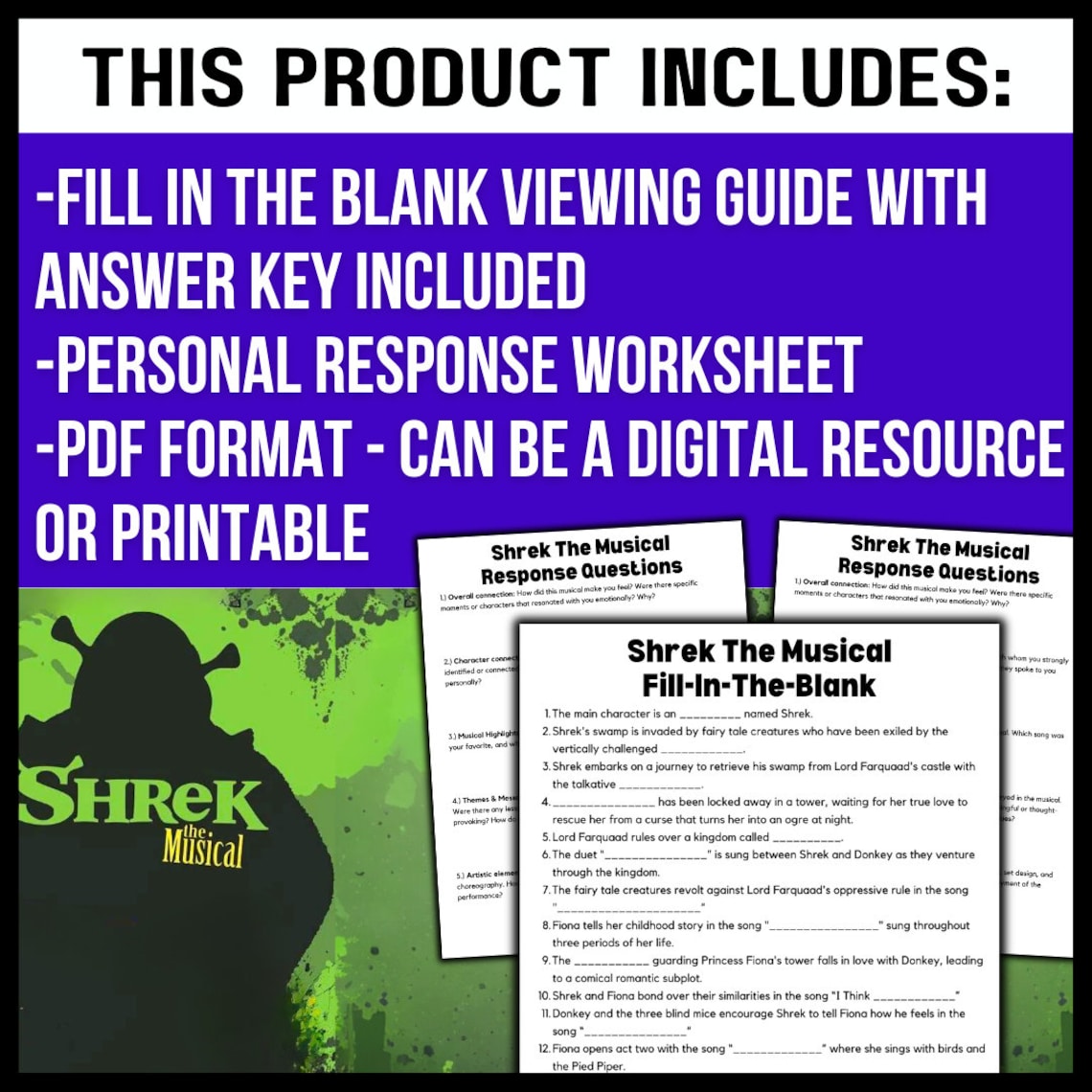 Shrek the Musical: Fill in the Blank Viewing Guide & Response Worksheet ...