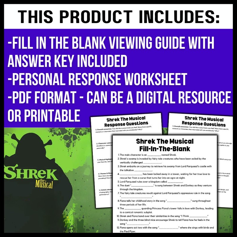 Shrek the Musical: Fill in the Blank Viewing Guide & Response Worksheet ...