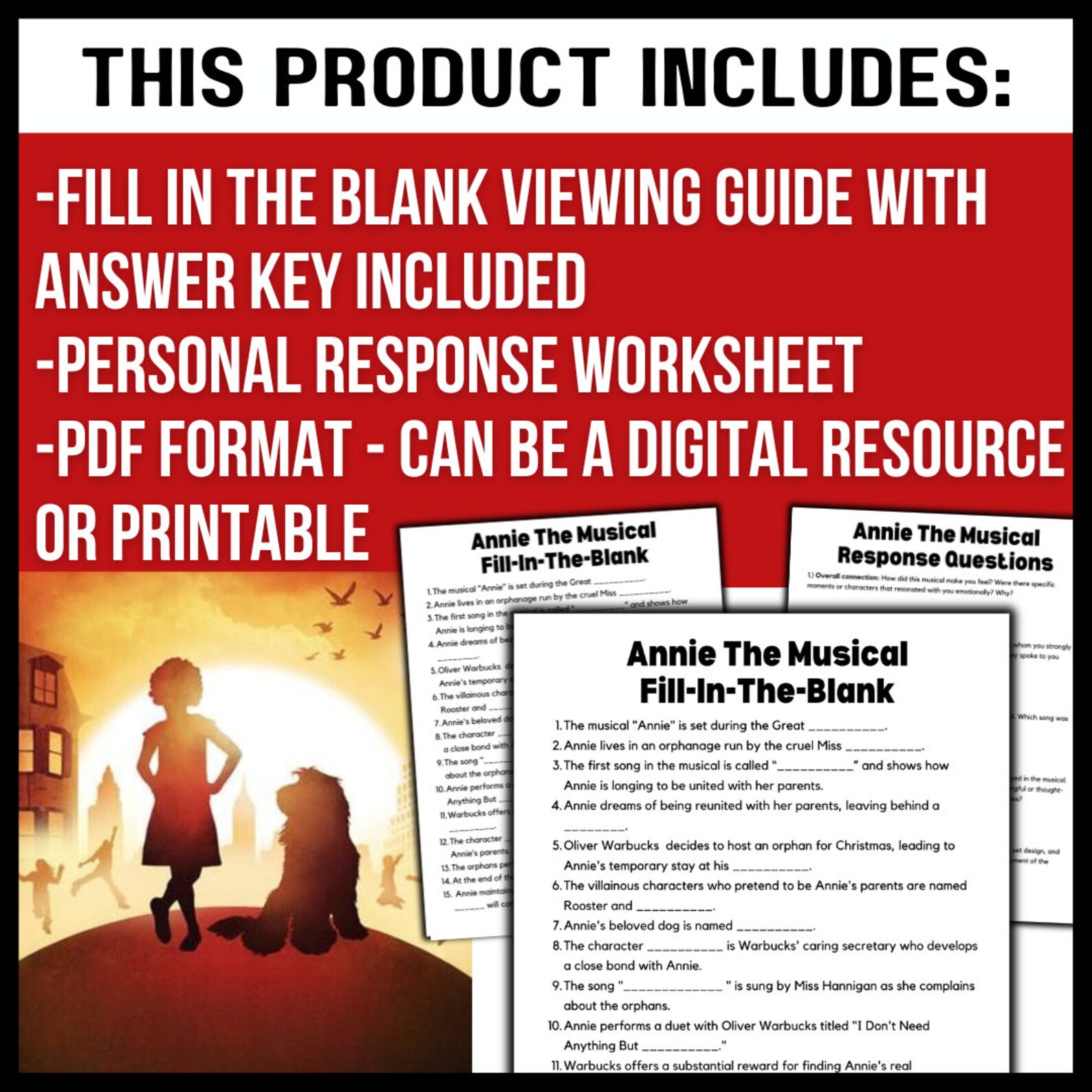 Annie the Musical: Fill in the Blank Viewing Guide & Response Worksheet ...