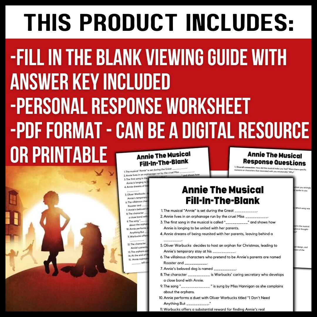 Annie the Musical: Fill in the Blank Viewing Guide & Response Worksheet - Etsy