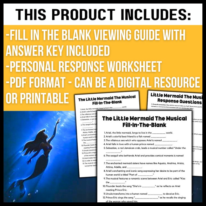 The Little Mermaid Musical: Fill in the Blank Viewing Guide & Response ...