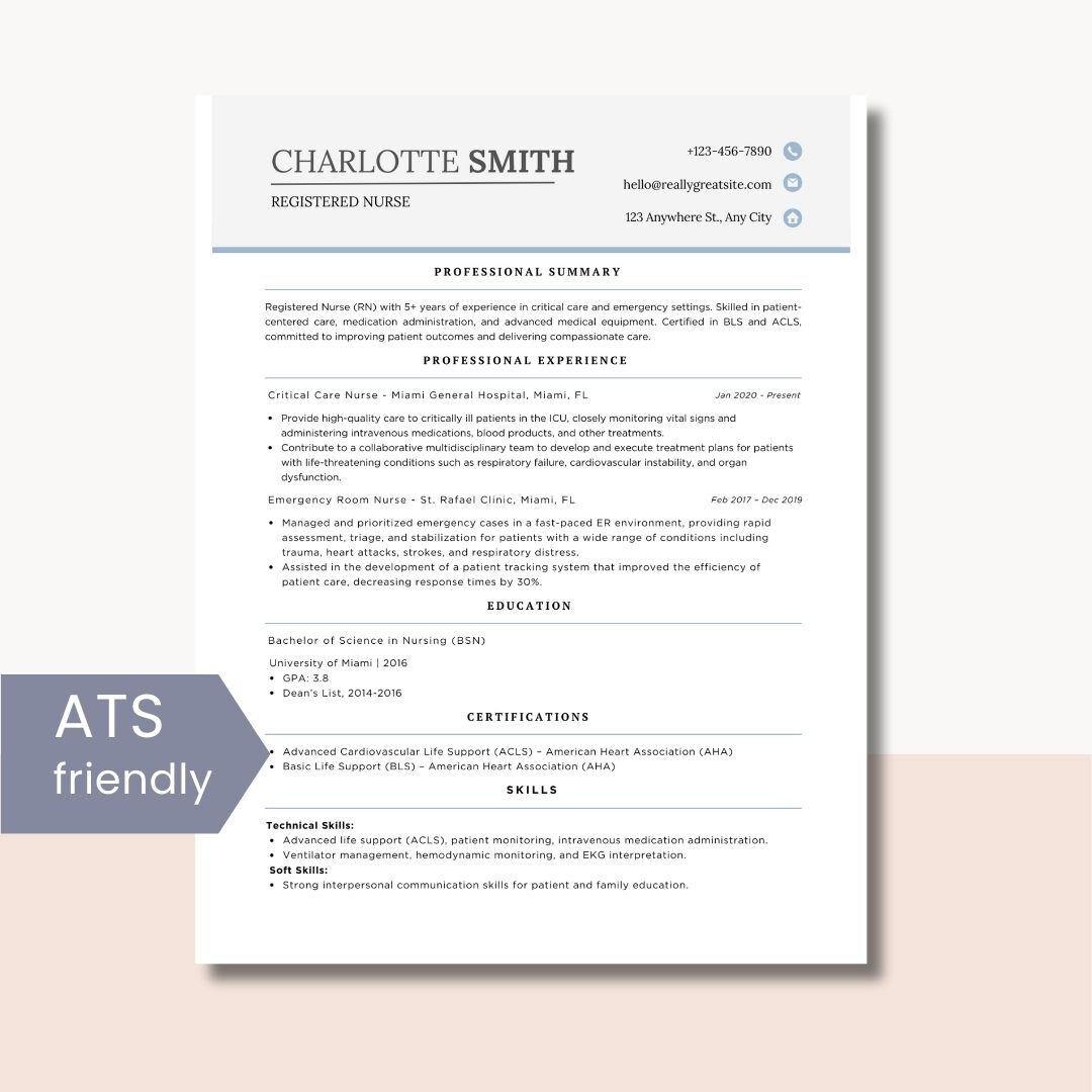 ATS Friendly Resume Template Nurse, LPN, Nurse Practitioner, Medical ...