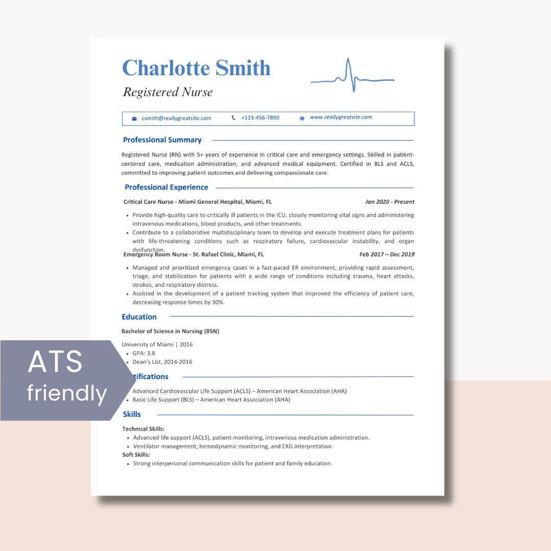 ATS Resume for Nurses and Healthcare Professionals Professional ...