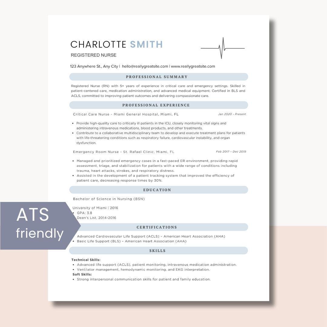 Professional Medical Resume Template for Nurses and Lpns ATS Compatible ...