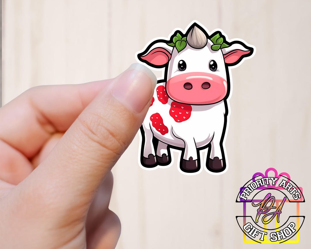 Sweet Strawberry Cow Stickers | Baby Pink Variation | Kawaii Vinyl ...