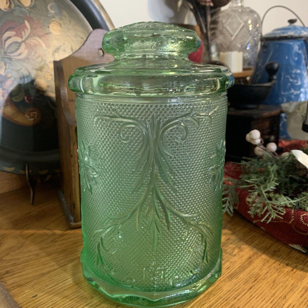 Vintage Indiana Green Glass Jar Canister Tiara Chantilly 8 3/4 H Lidded ...