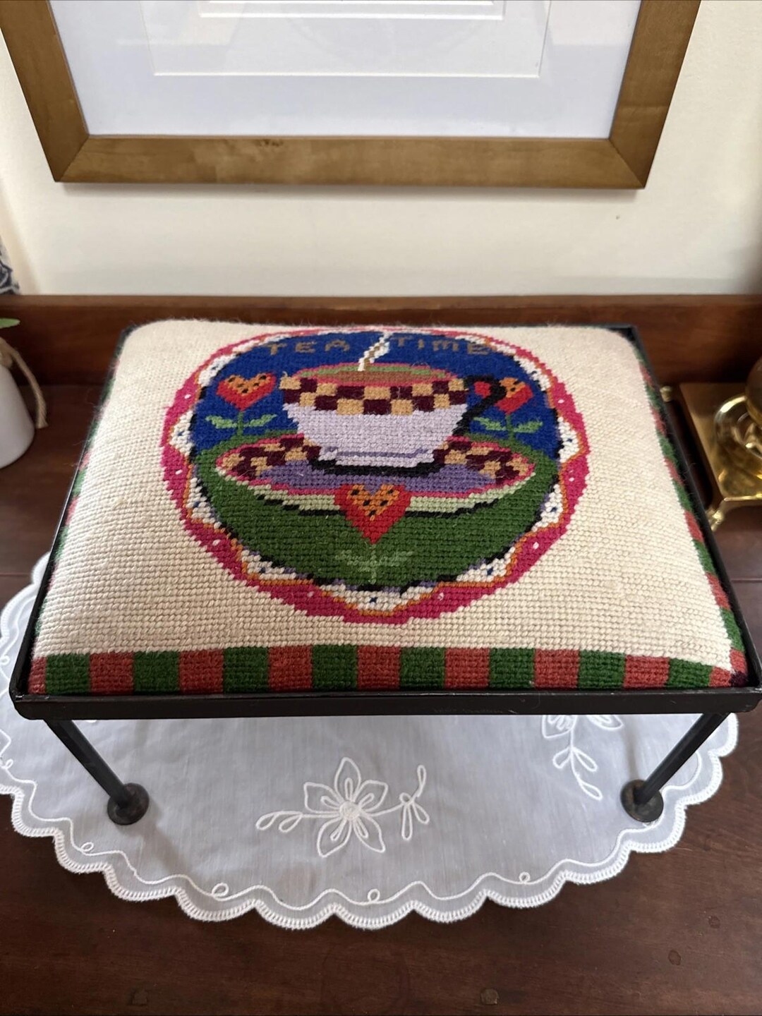VTG Cast Iron Foot Rest Stool With Crewel Top Tea Time Cottagecore ...