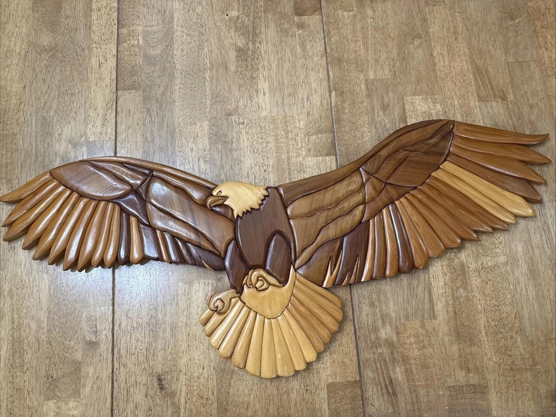 VTG Handmade Intarsia Wood Eagle Wall Hanging Folk Art America Cabin ...