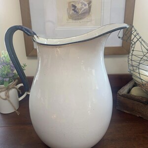 VTG Large Farmhouse Enamelware Pitcher Rare White Blue Trim Primitive ...