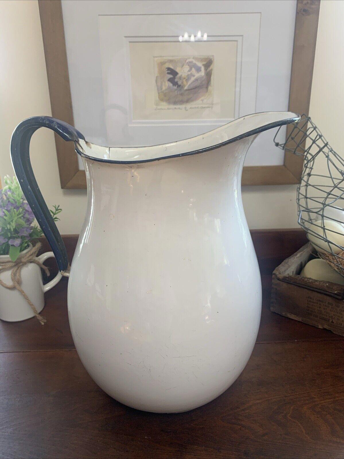 VTG Large Farmhouse Enamelware Pitcher Rare White Blue Trim Primitive ...