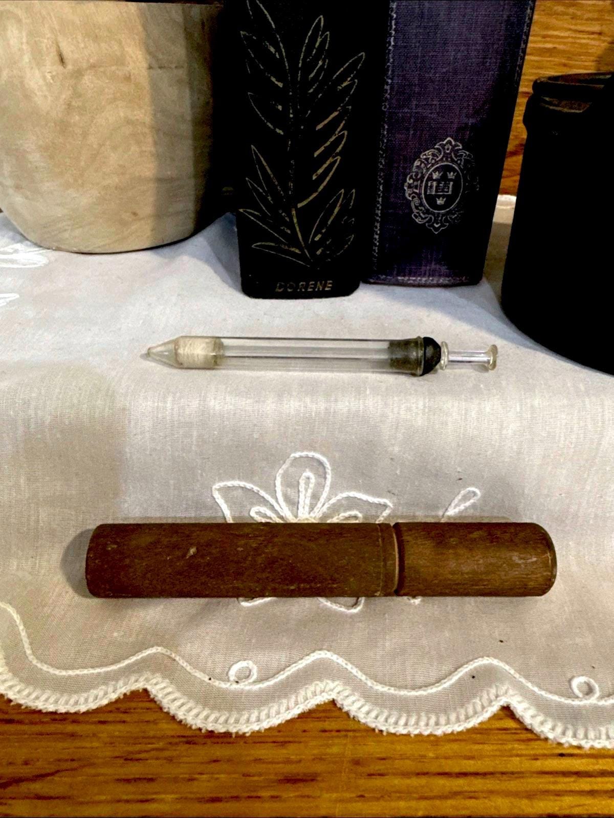 Antique Victorian Medical Doctor's Glass Syringe ~ 3.75" With Wooden ...