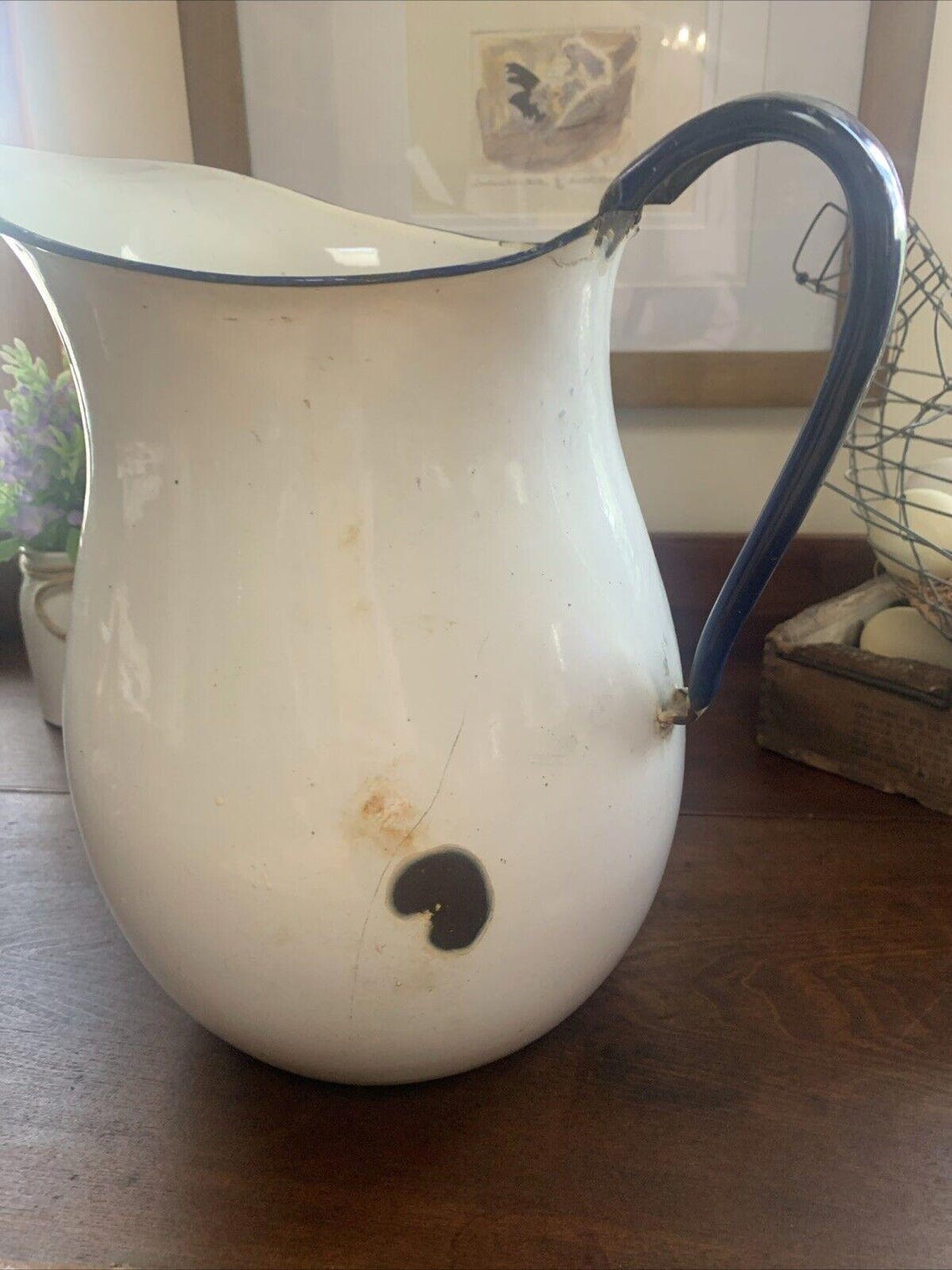VTG Large Farmhouse Enamelware Pitcher Rare White Blue Trim Primitive ...
