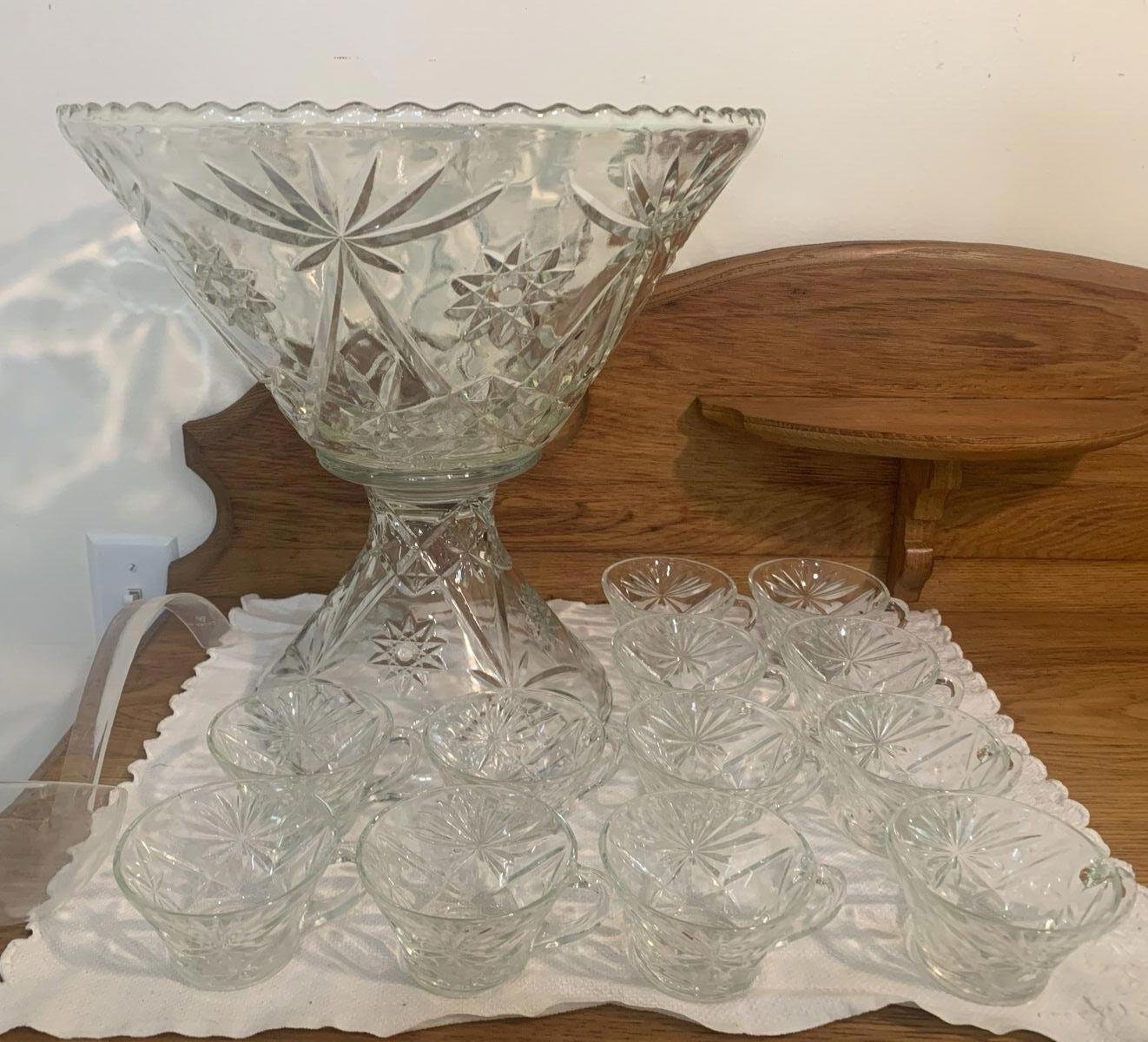Anchor Hocking EAPC Star of David Punch Bowl & Stand Cups Set Vintage ...